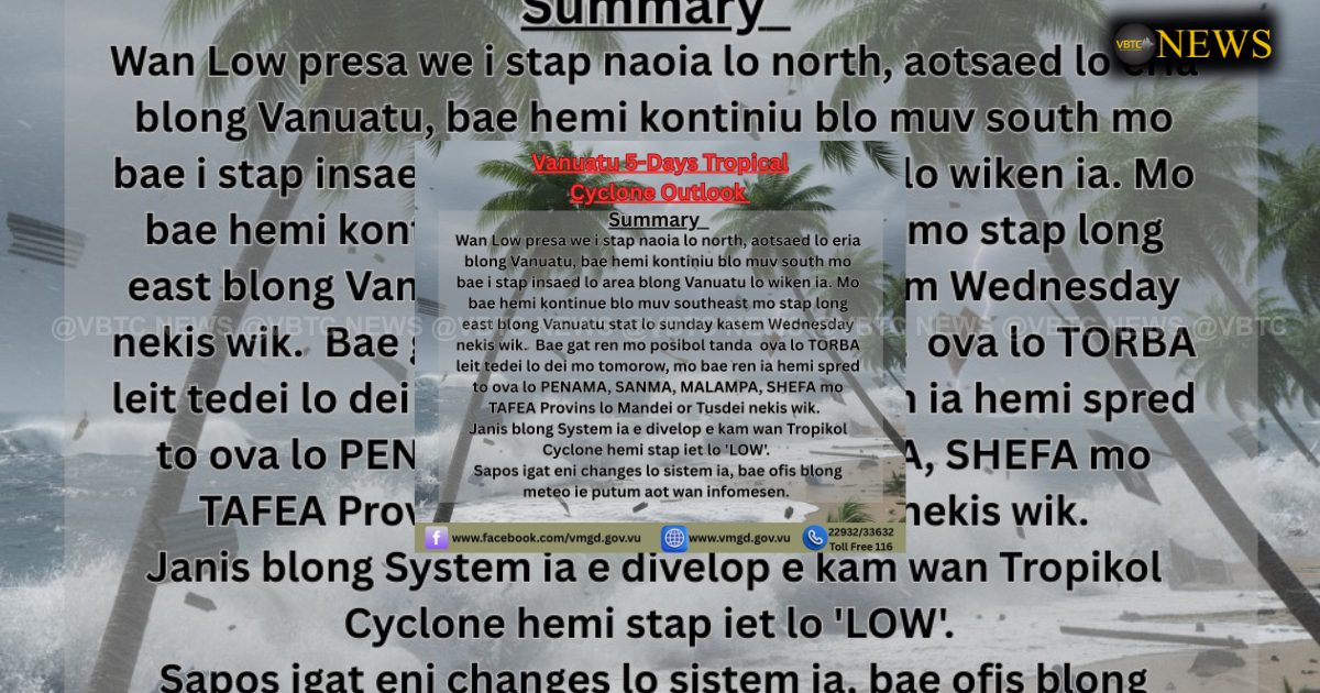 Low-Pressure System Near Vanuatu to Bring Widespread Rain - VBTC
